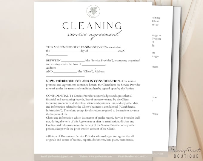 Cleaning Service Contract Template, Editable in Canva, Cleaning Agreement, Residential and ...
