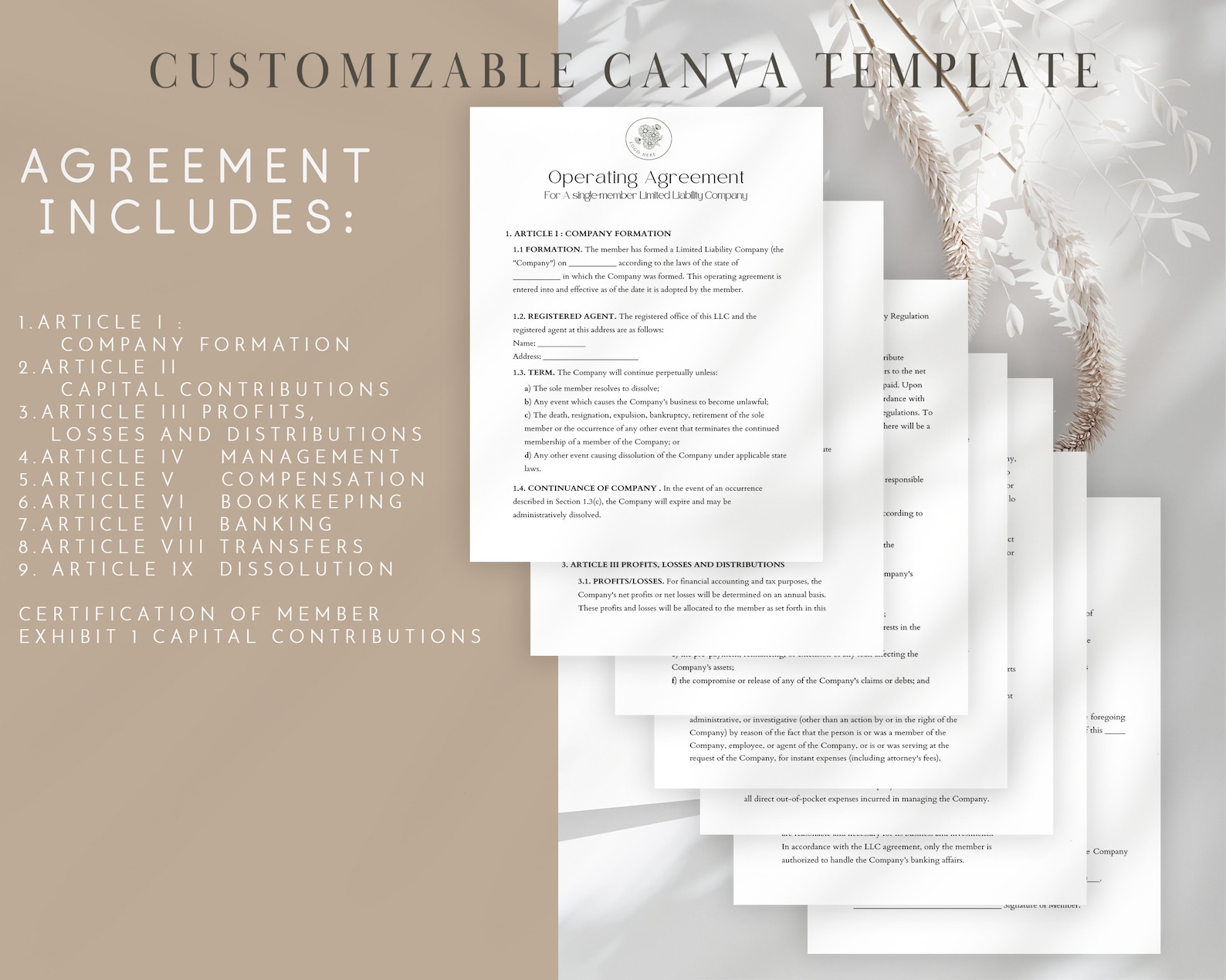 Editable LLC Operating Agreement Form, Single Member LLC Operating ...