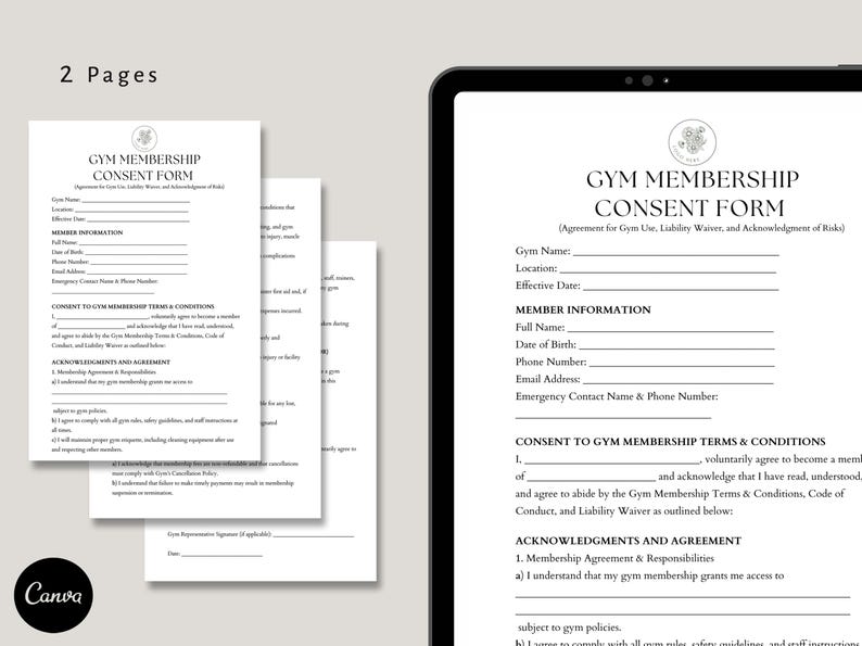 Gym Membership Consent Form Template, Gym Liability Waiver Form, PDF ...