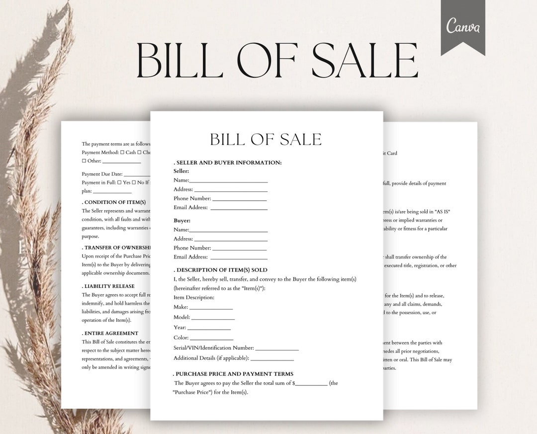 Bill of Sale Form, Editable Bill of Sale, Sale Receipt, Customizable ...