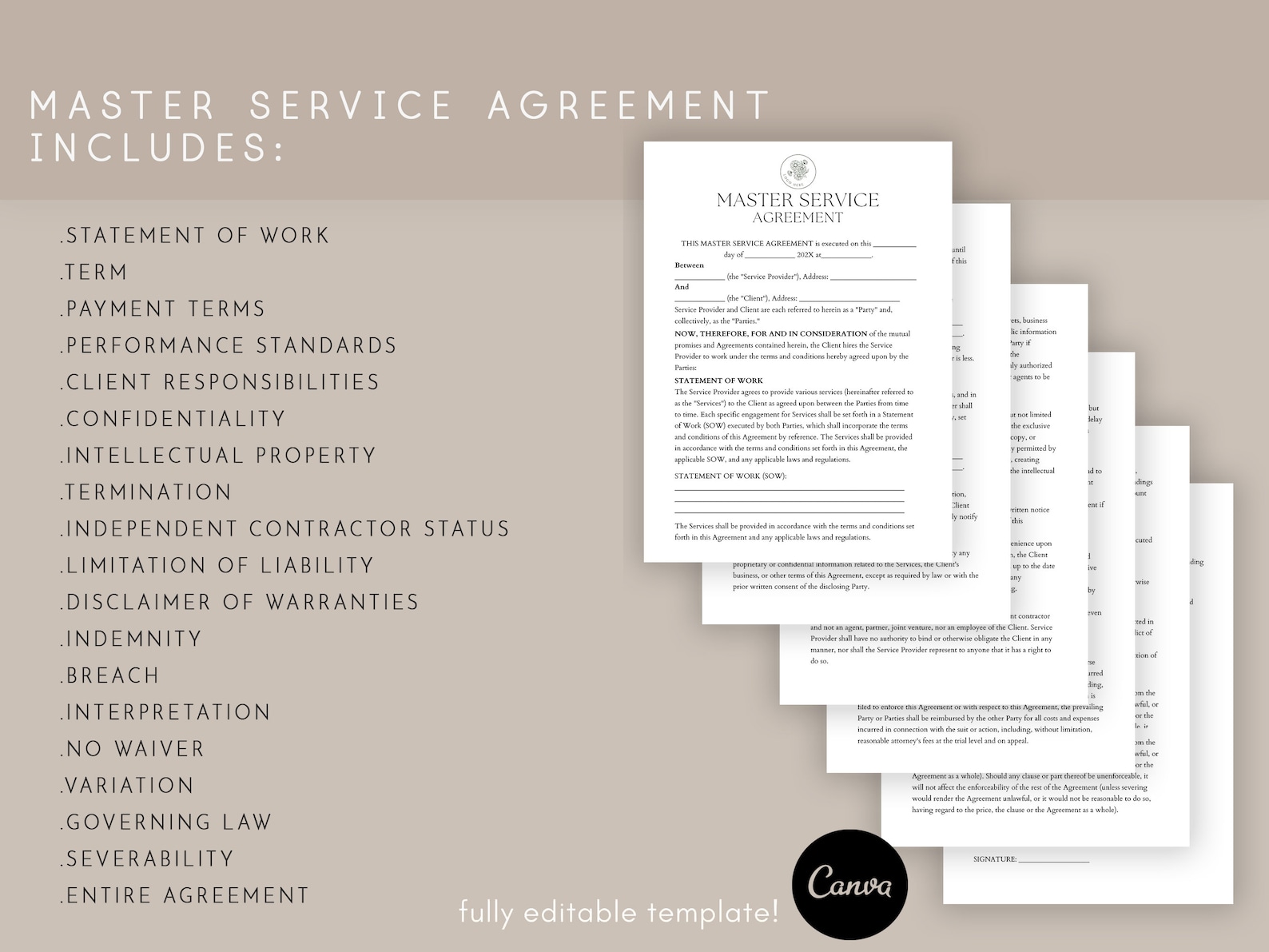 Editable Master Service Agreement, MSA Form, Business Services Contract ...