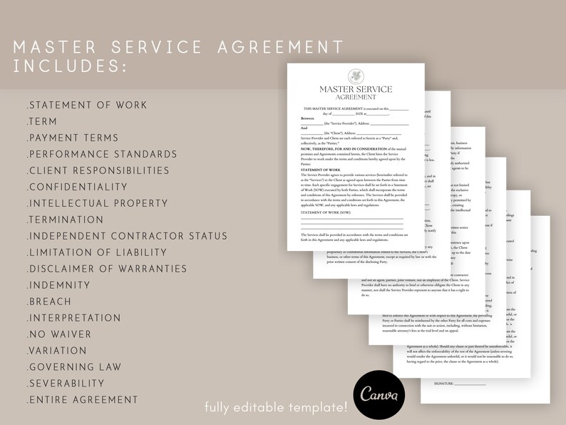 Editable Master Service Agreement, MSA Form, Business Services Contract ...
