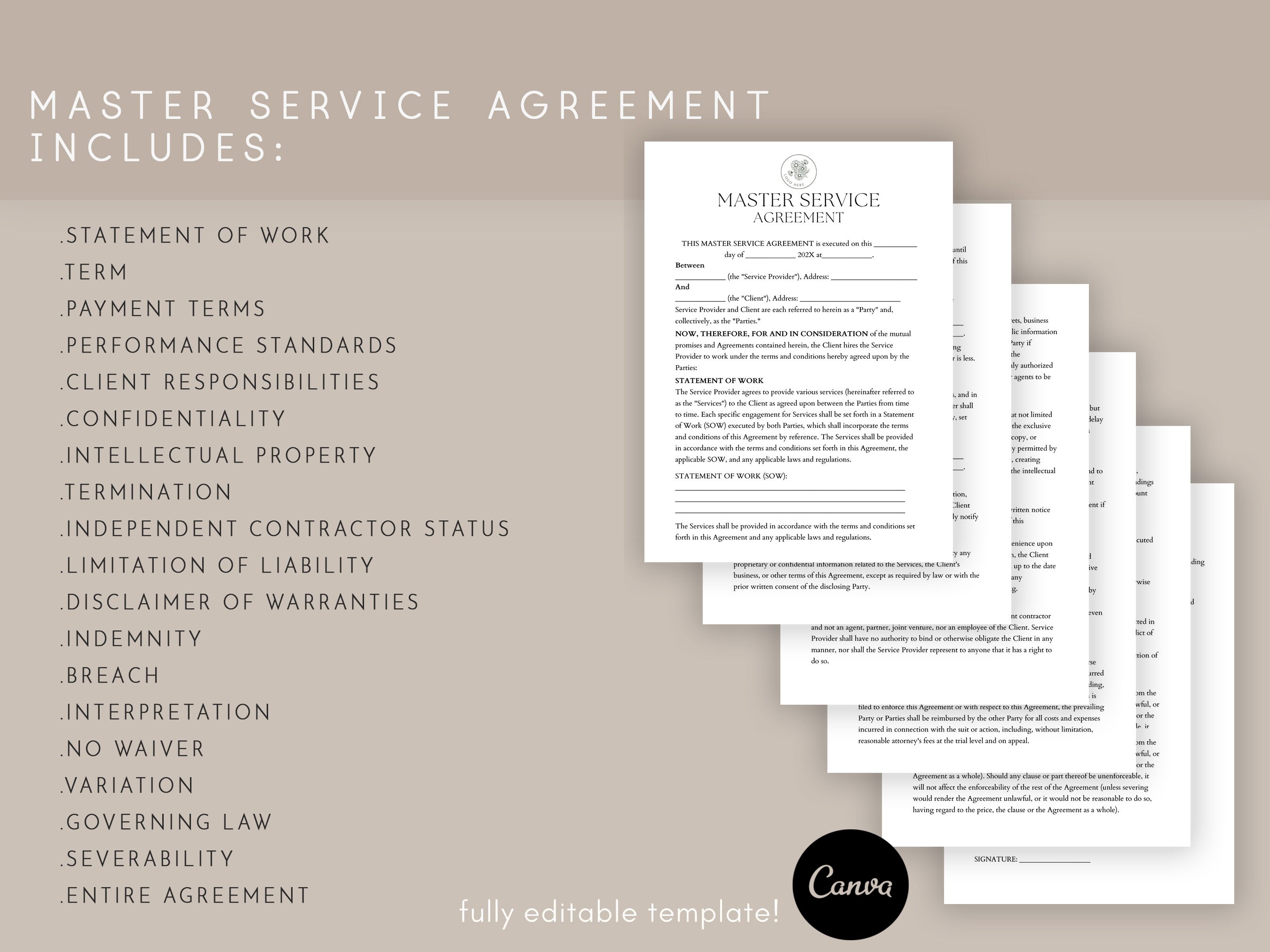 Editable Master Service Agreement, MSA Form, Business Services Contract ...