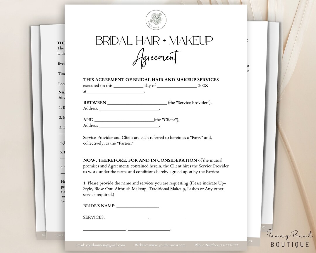 Editable Bridal Hair and Makeup Contract, Bridal Party Stylist Contract ...