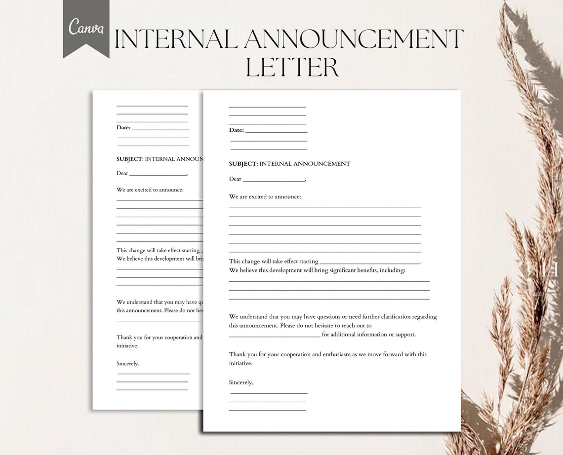 Internal Announcement Letter Template, PDF, Canva - Etsy