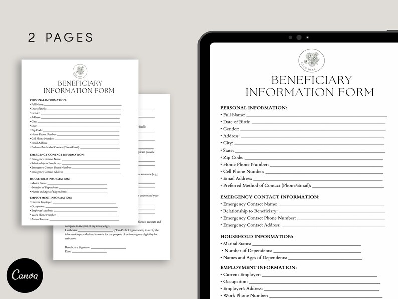 Beneficiary Information Form Template, Pdf, Canva - Etsy