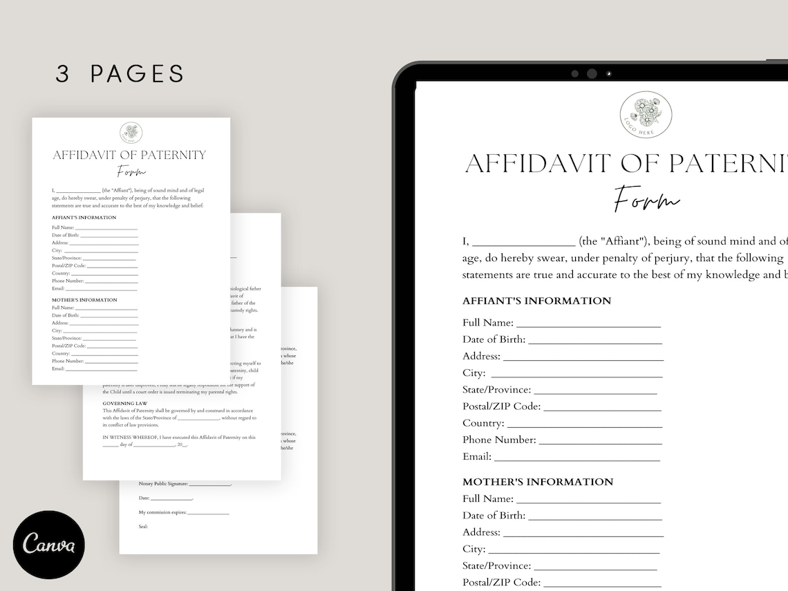 Editable Affidavit of Paternity Form Customizable Affidavit - Etsy