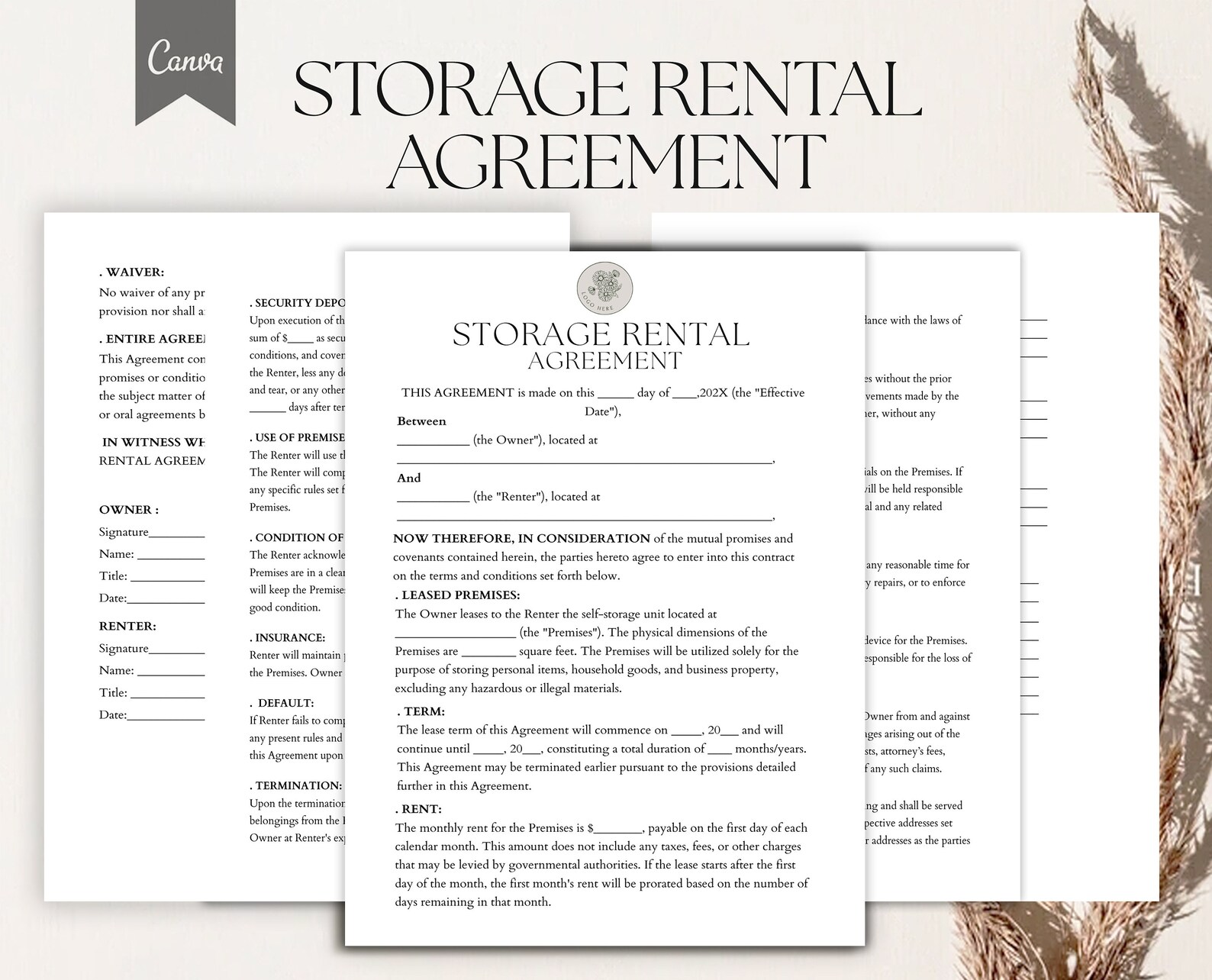 Editable Storage Rental Agreement, Storage Space Lease Contract ...