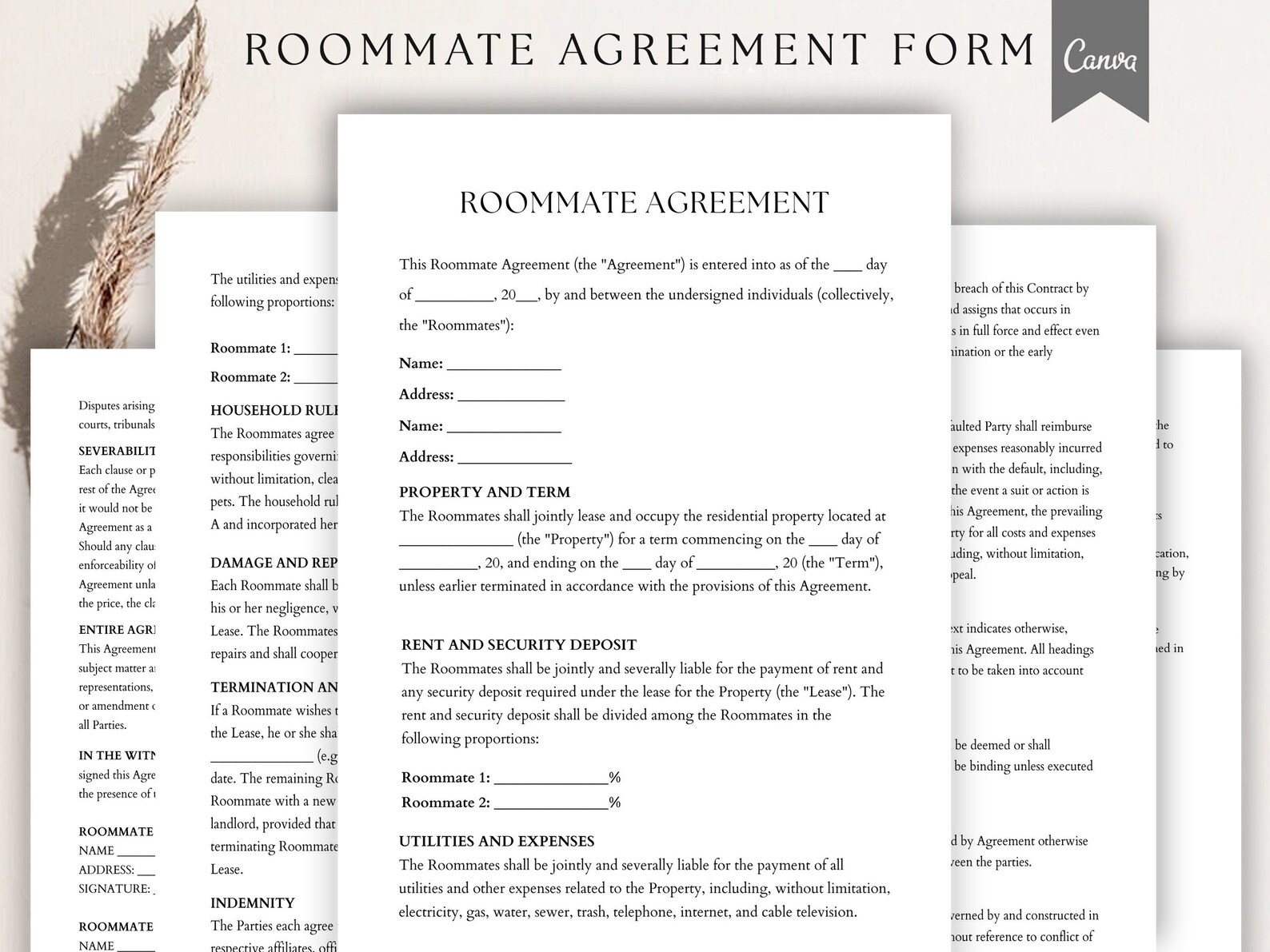 Editable Roommate Agreement Template, Lease Agreement Template for ...