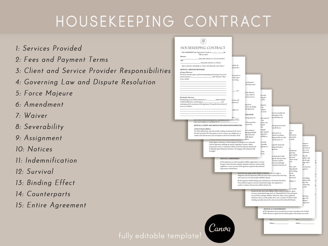 Housekeeping Contract Template, Housekeeping Services Agreement, Maid ...