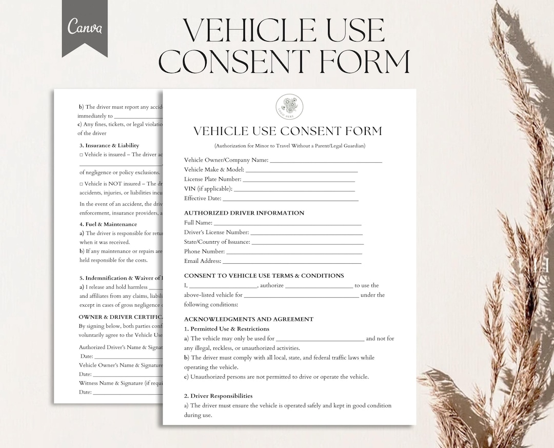 Vehicle Use Consent Form Template, Car Use Authorization Form, PDF ...