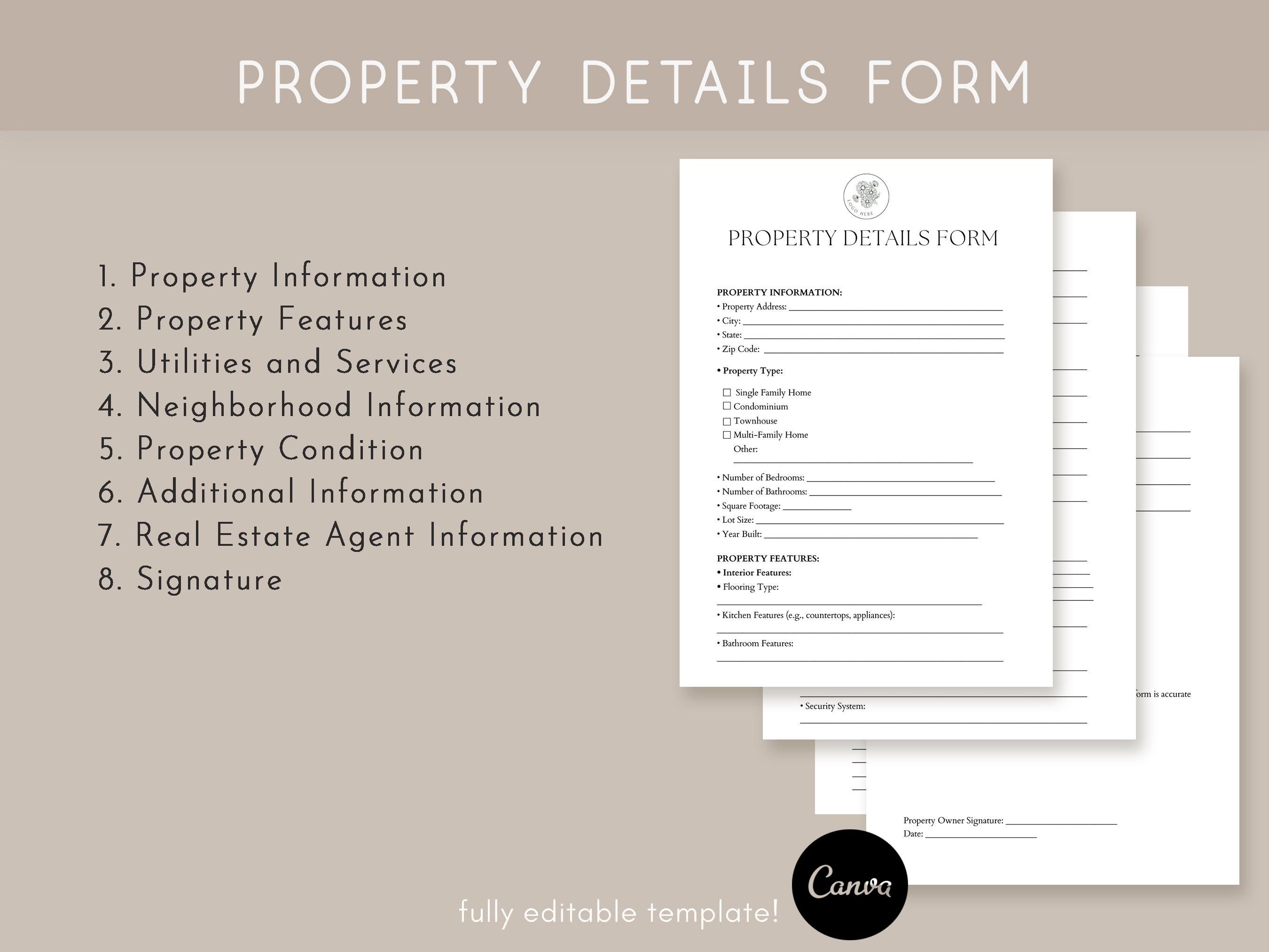 Property Details Form Template, PDF, Canva - Etsy