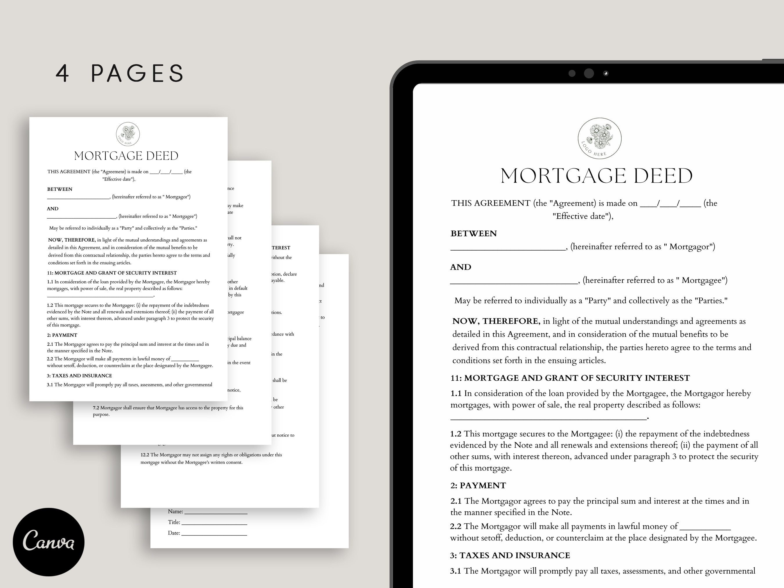 Mortgage Deed Template, Editable Mortgage Agreement, Deed of Mortgage ...