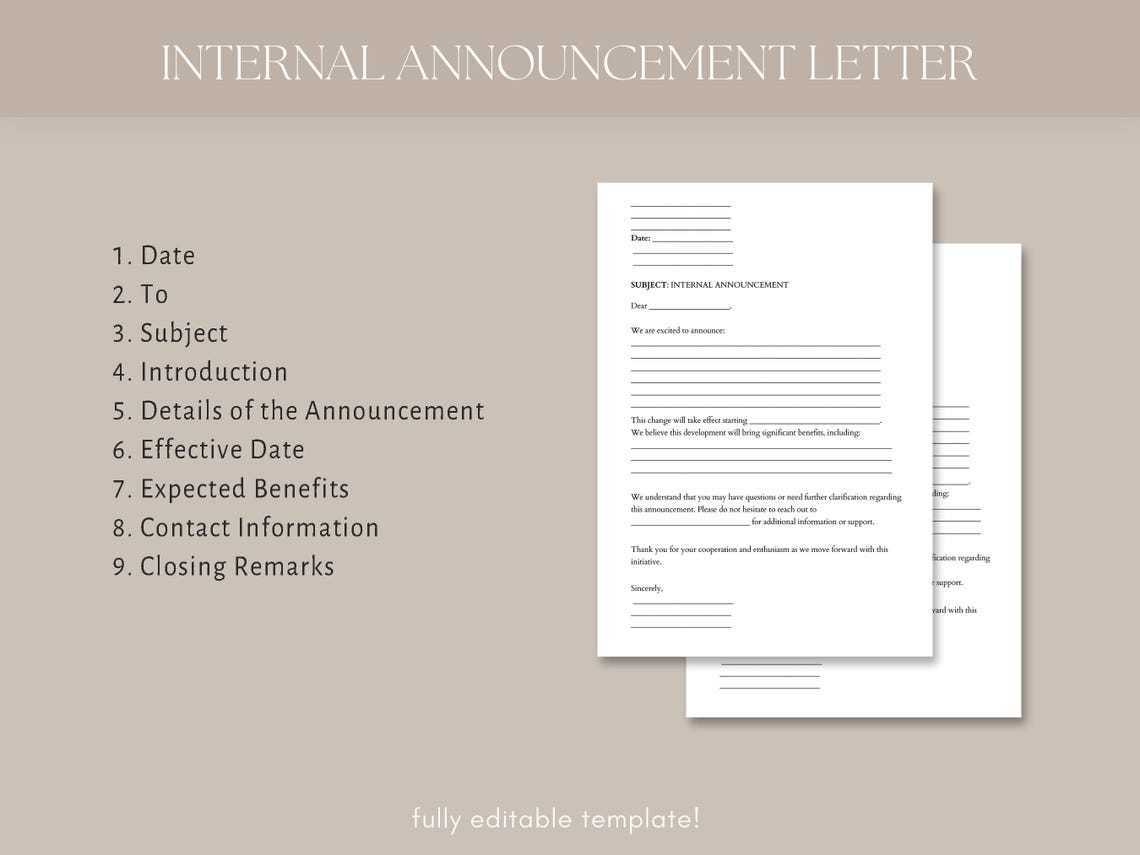 Internal Announcement Letter Template, PDF, Canva - Etsy