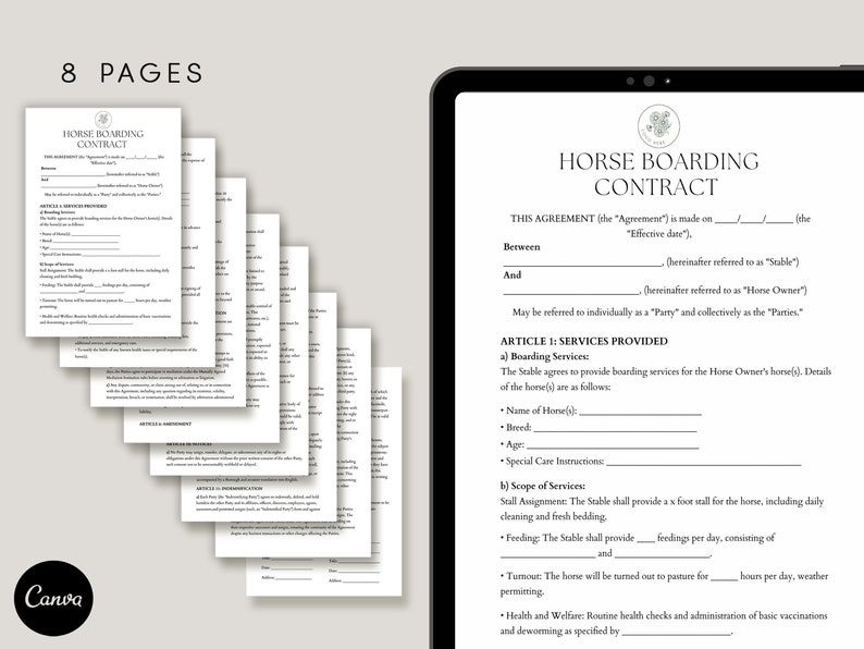 Horse Boarding Contract Template, Equine Boarding Agreement, Stable ...
