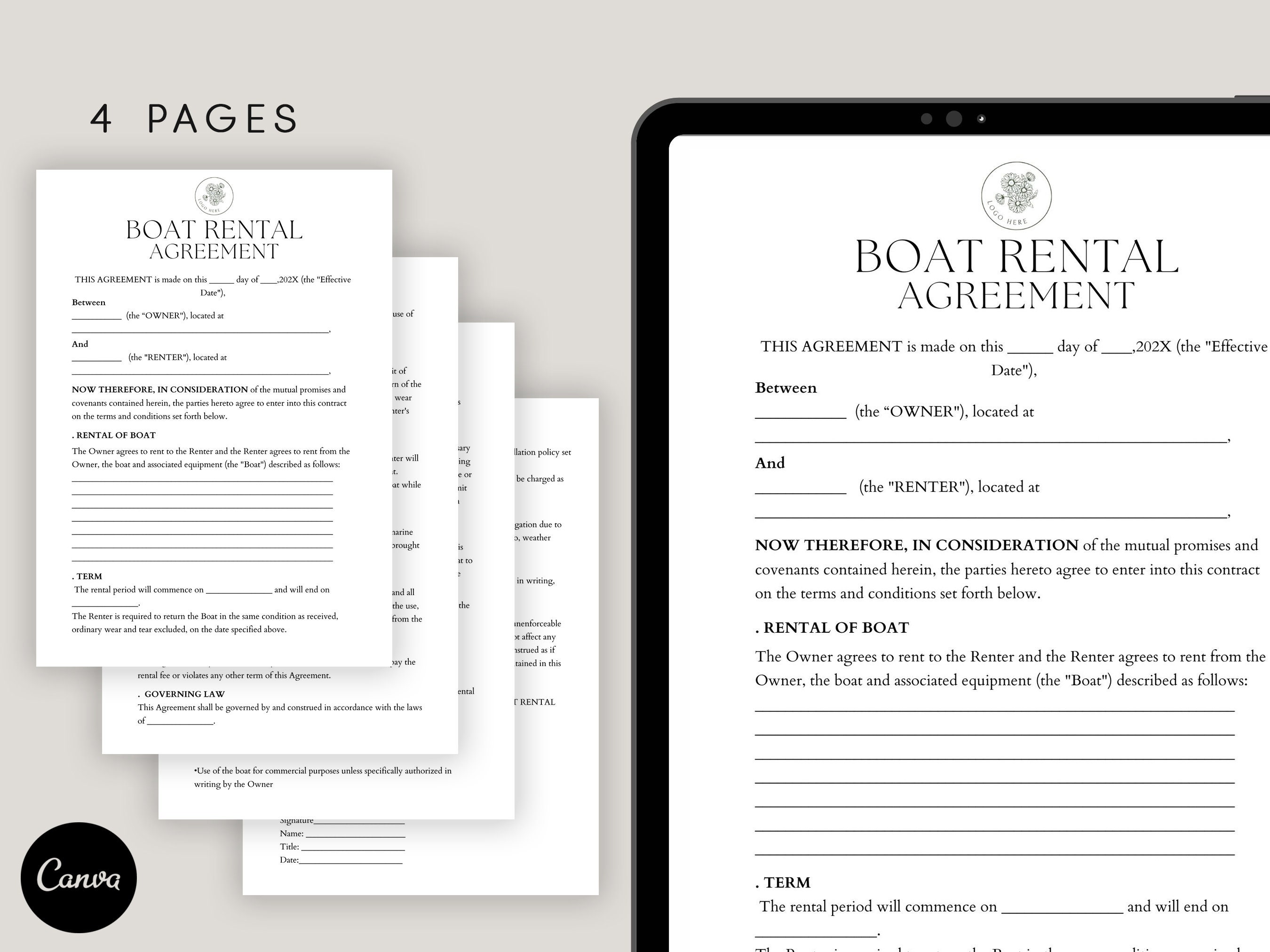Editable Boat Rental Agreement Template, Boat Rental Contract, Boat Lease Agreement Template ...