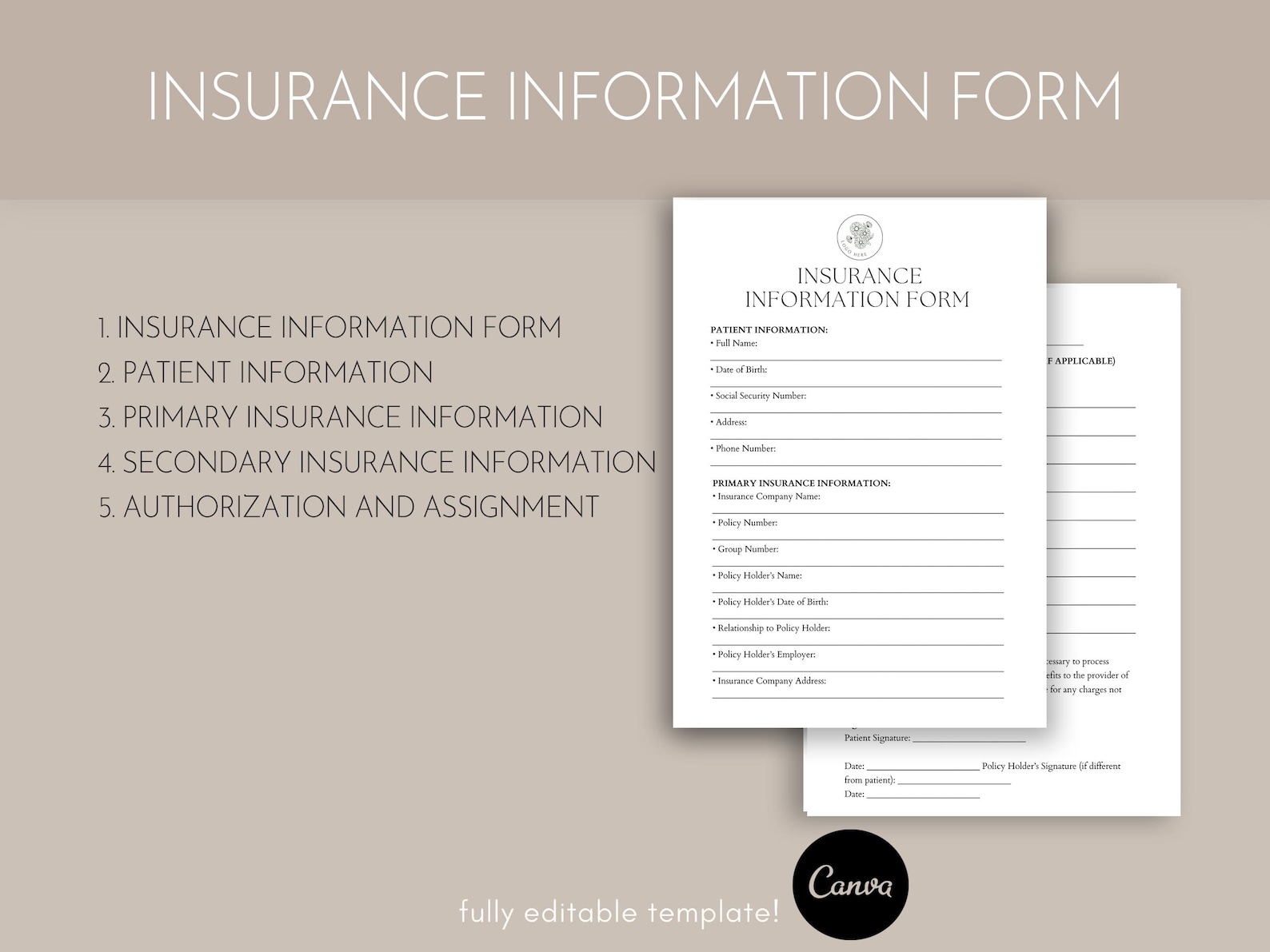 Insurance Information Form Template, Pdf, Canva - Etsy