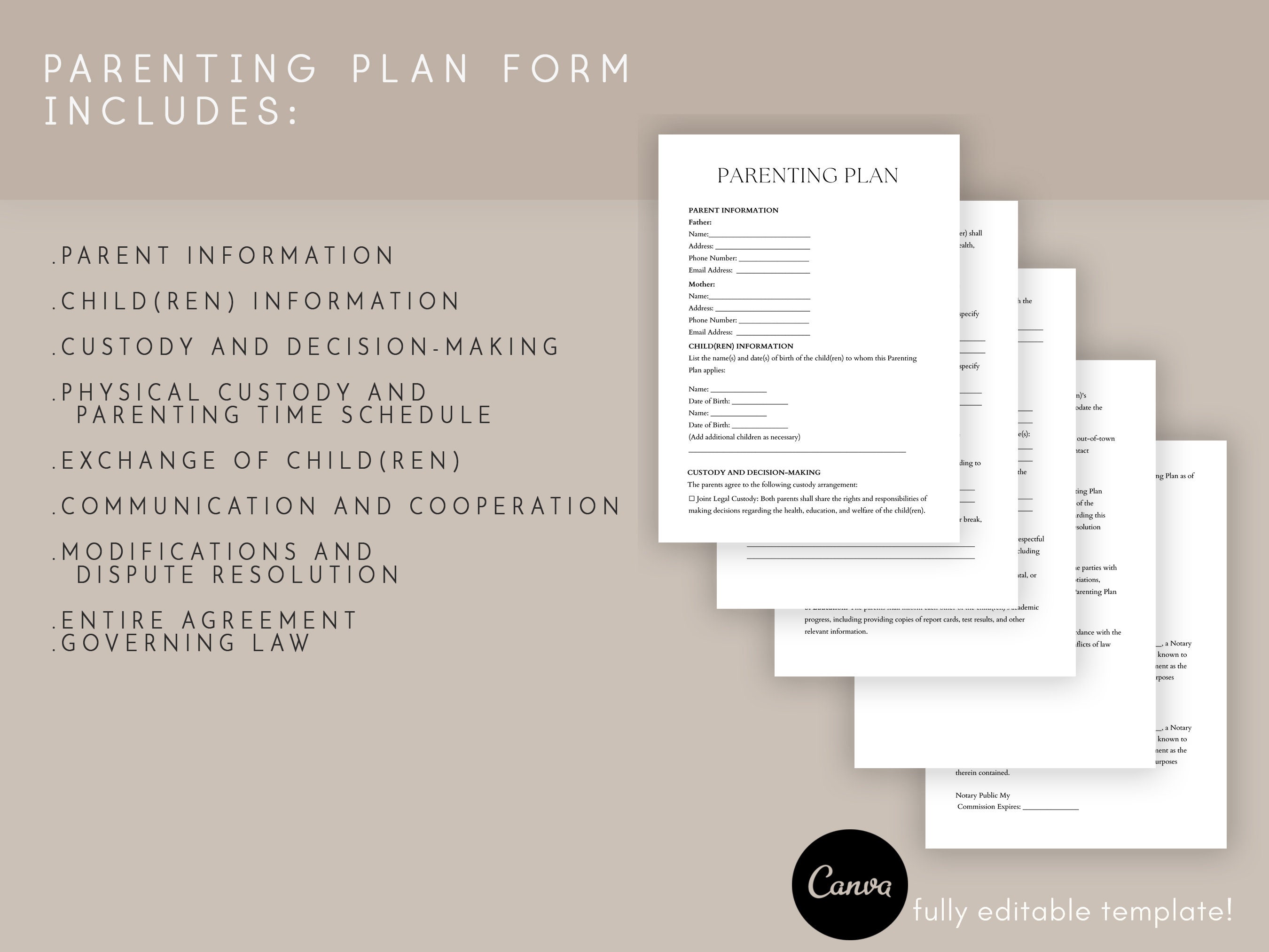 Parenting Plan Template, Editable Parenting Plan Form, Child Custody ...