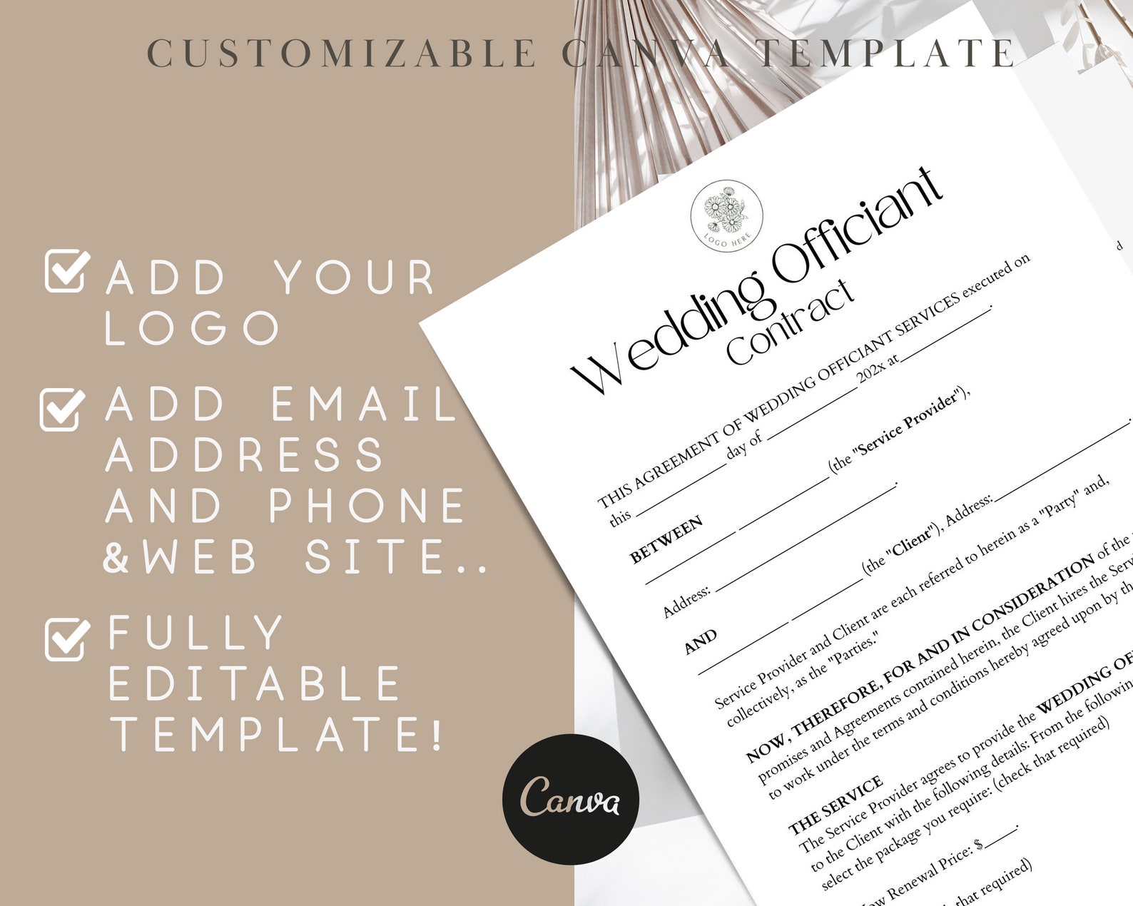 Editable Wedding Officiant Contract ,officiant Agreement ,couple ...