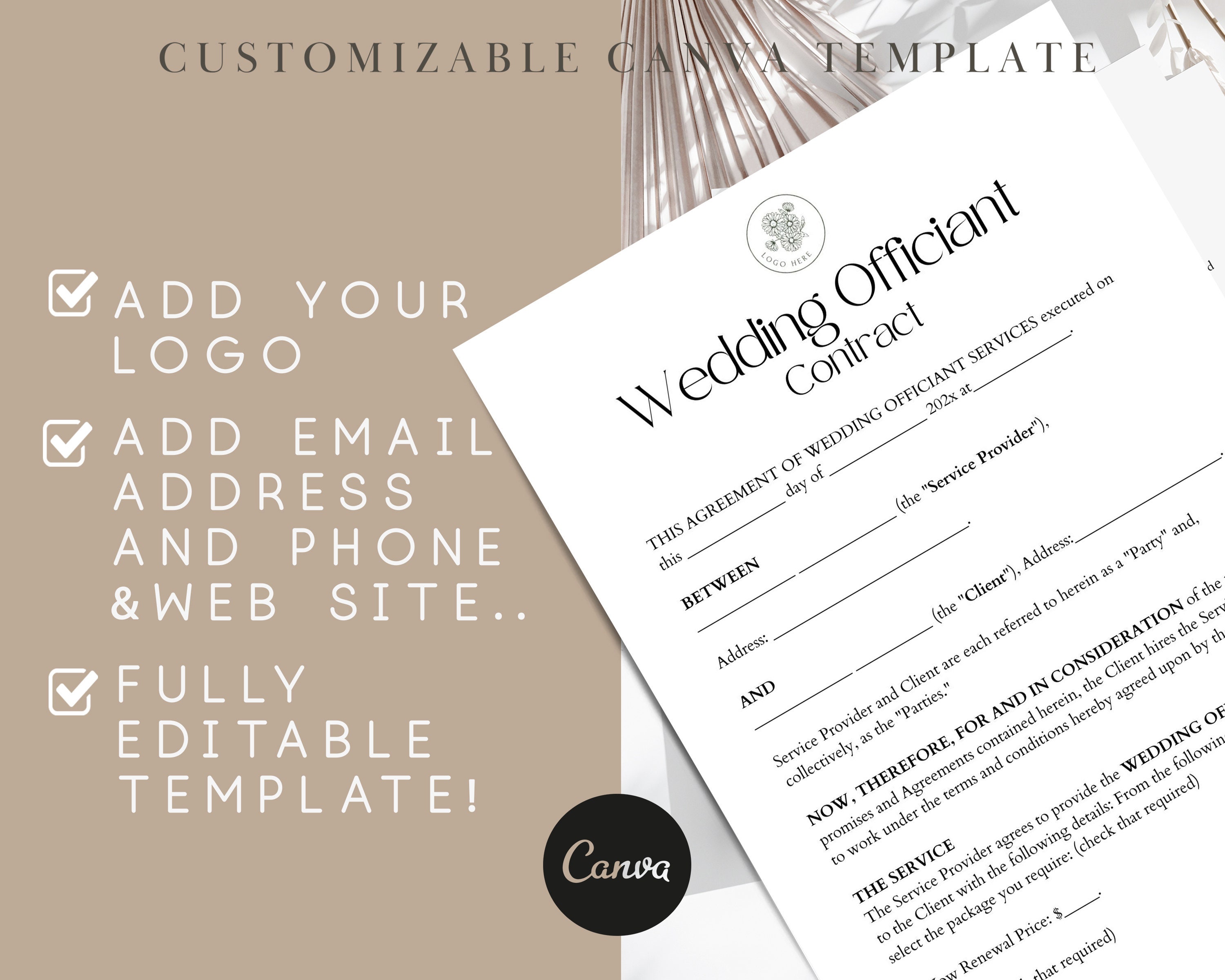 Editable Wedding Officiant Contract ,officiant Agreement ,couple ...