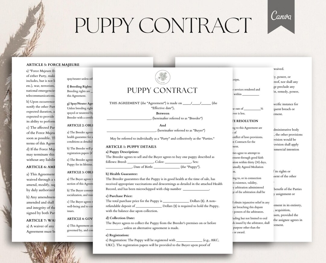 Puppy Contract Template, Puppy Sale Contract, Puppy Ownership Agreement ...