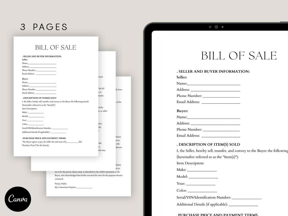 Bill of Sale Form, Editable Bill of Sale, Sale Receipt, Customizable ...