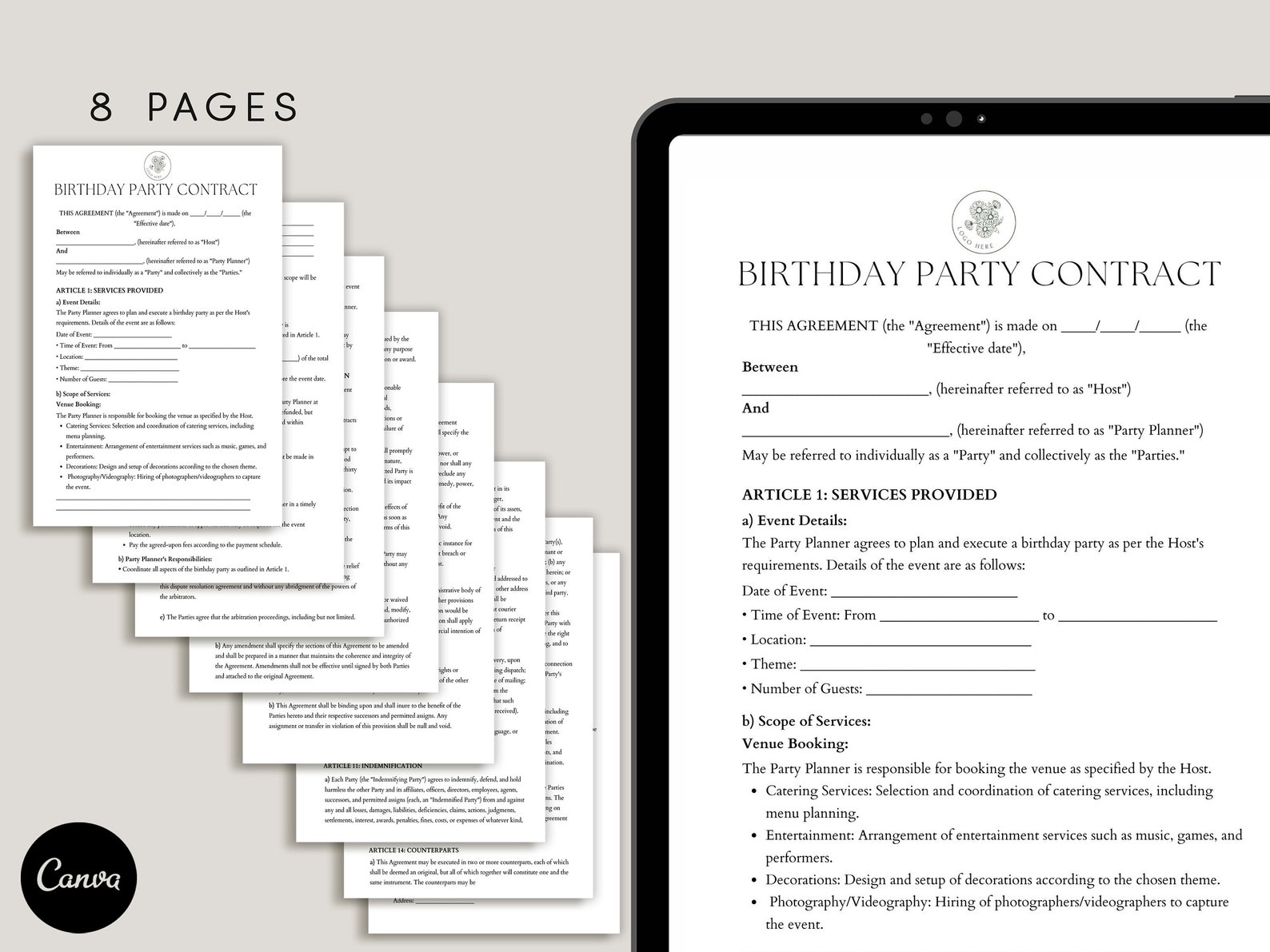 Birthday Party Contract Template , Celebration Service Agreement, Birthday Event Forms, Pdf ...