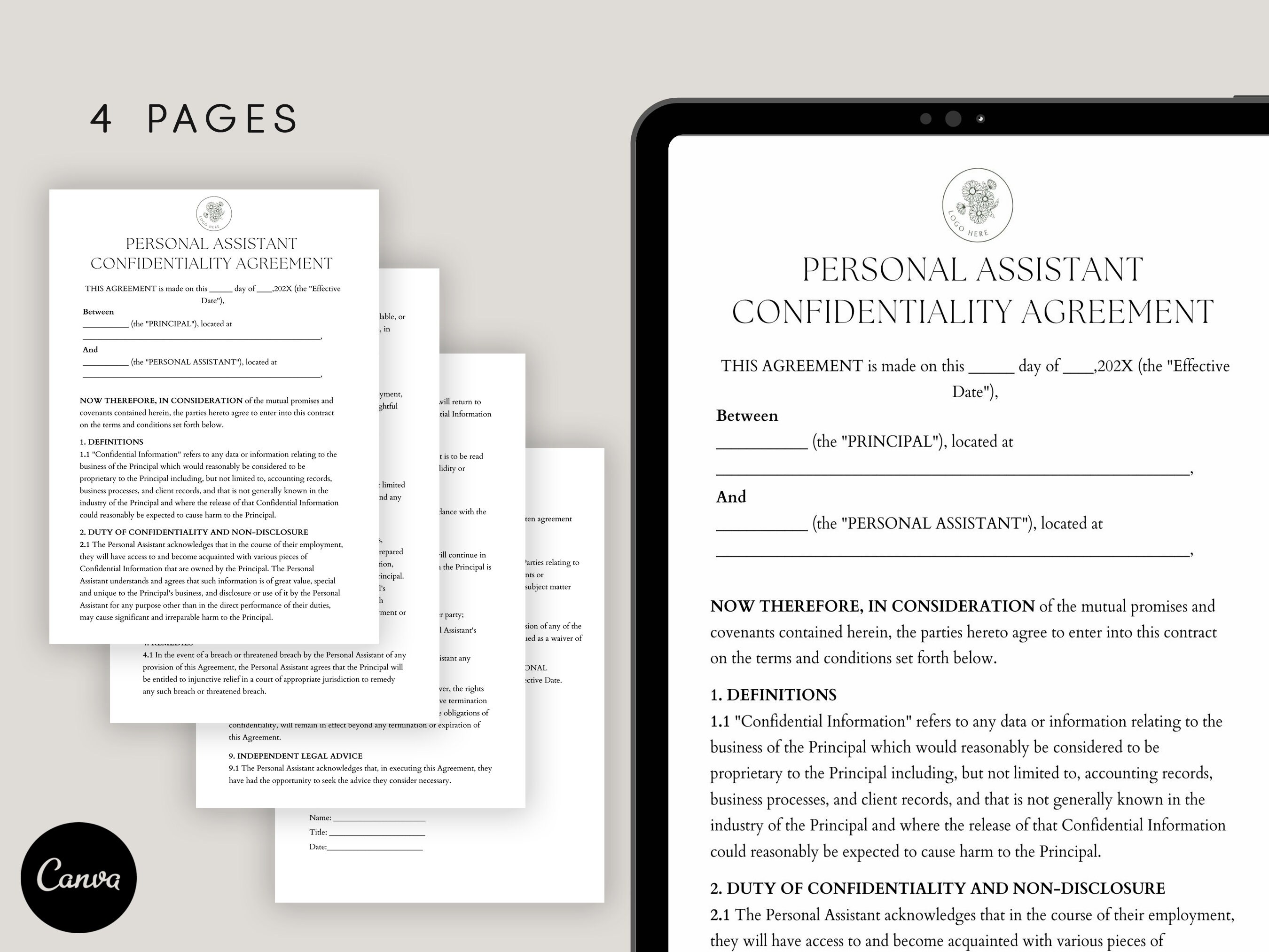 Editable Personal Assistant Confidentiality Agreement, Assistant Non ...