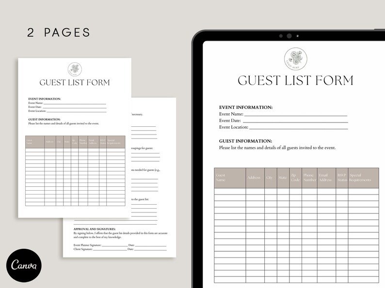 Guest List Form Template, Pdf, Canva - Etsy