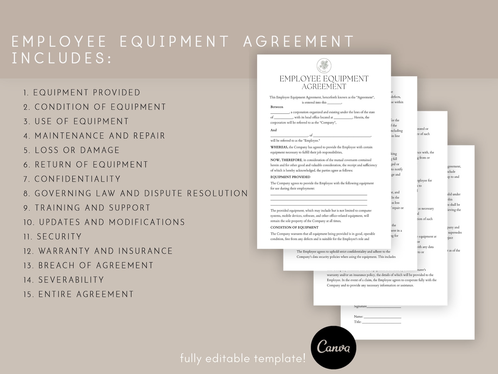 Editable Employee Equipment Agreement, Workplace Equipment Contract ...
