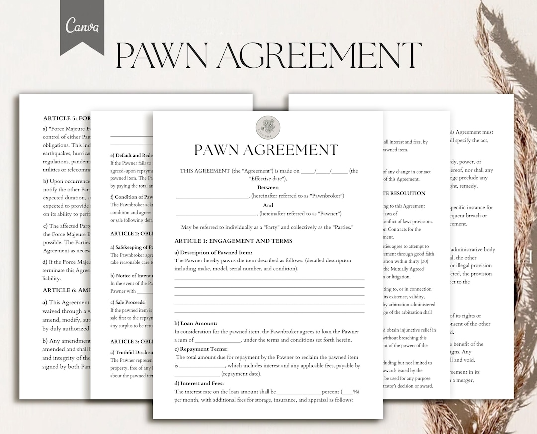 Editable Pawn Agreement, Collateral Loan Agreement, Pledge Agreement ...