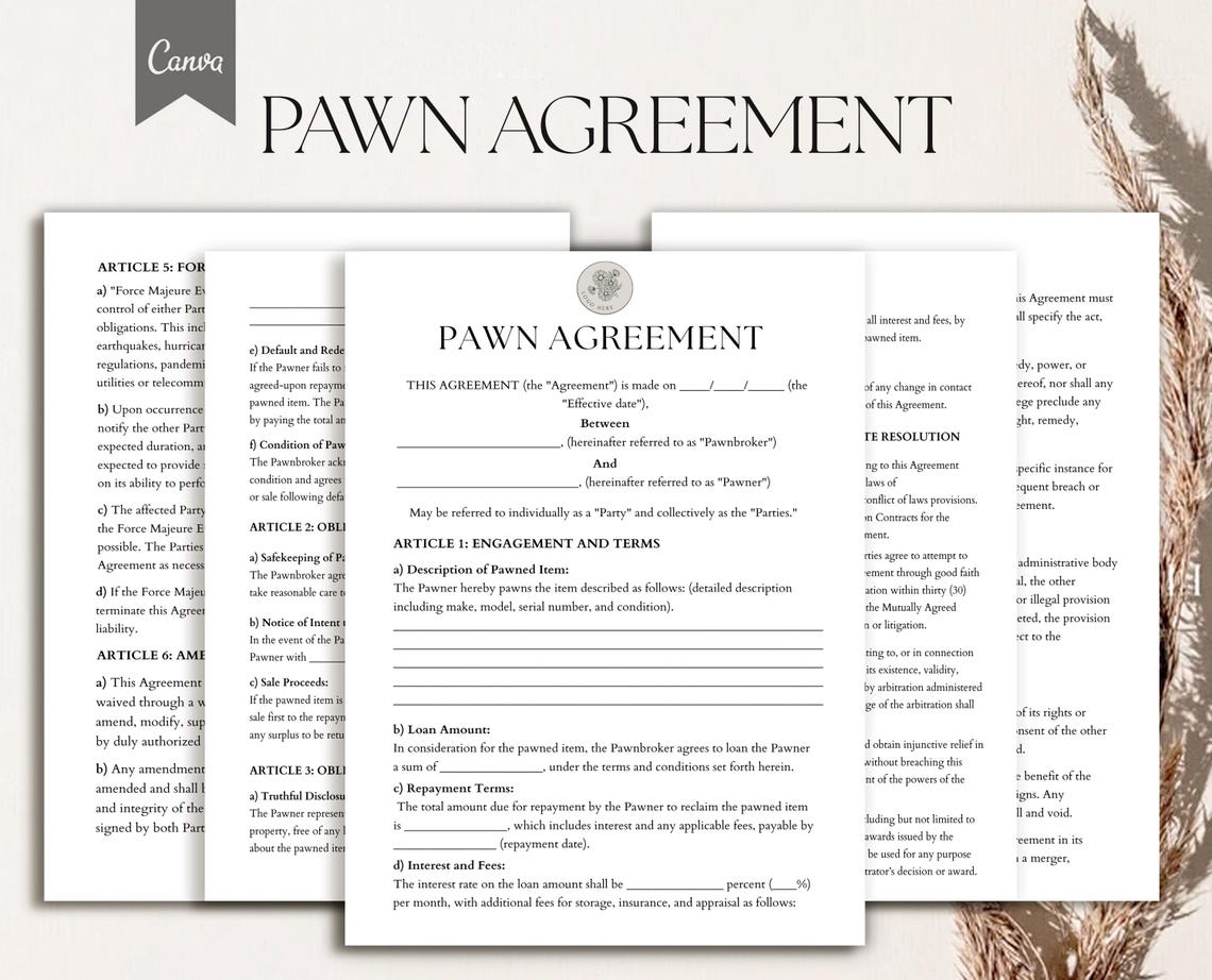 Editable Pawn Agreement, Collateral Loan Agreement, Pledge Agreement ...