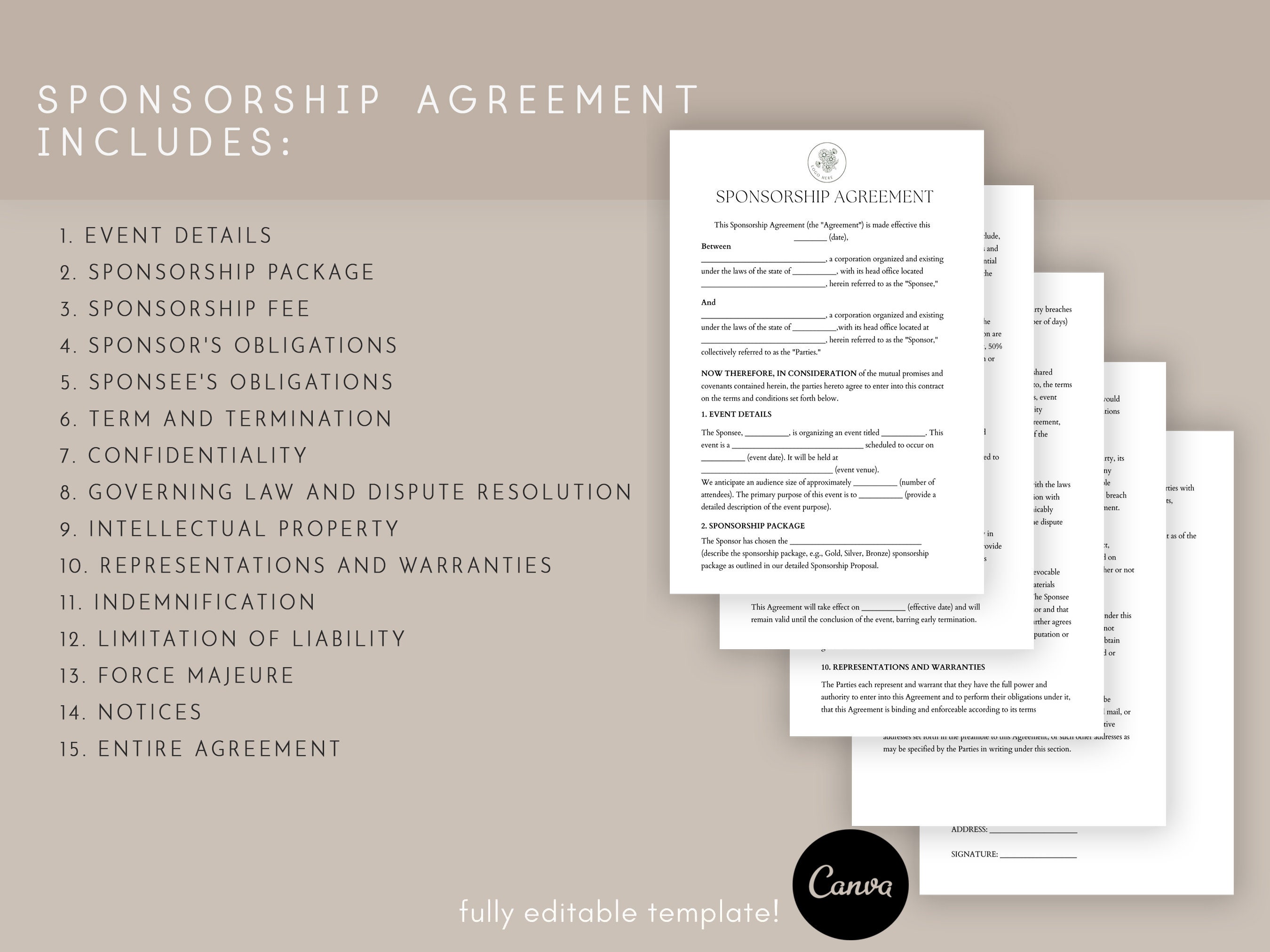 Sponsorship Contract Template, Event Sponsorship Agreement, Editable ...
