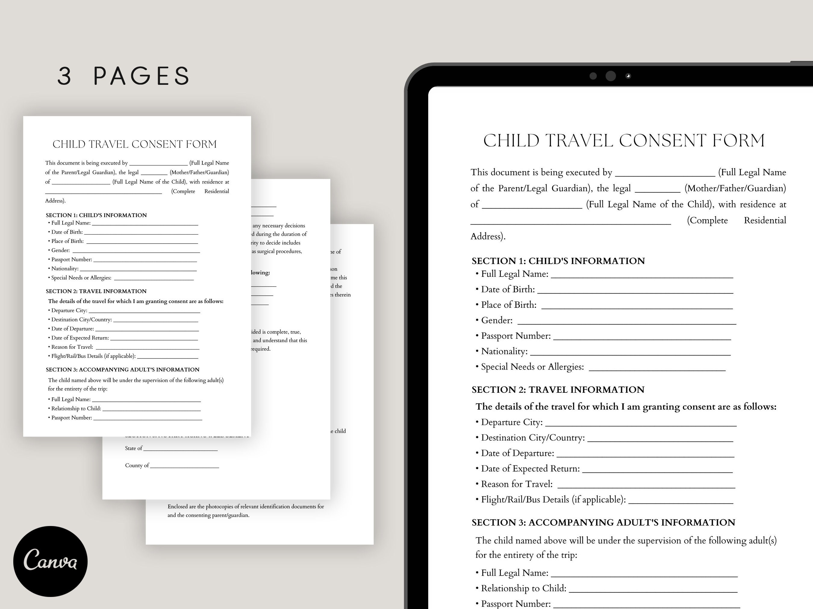 Editable Child Travel Consent Form, Minor Travel Consent Form, Child ...