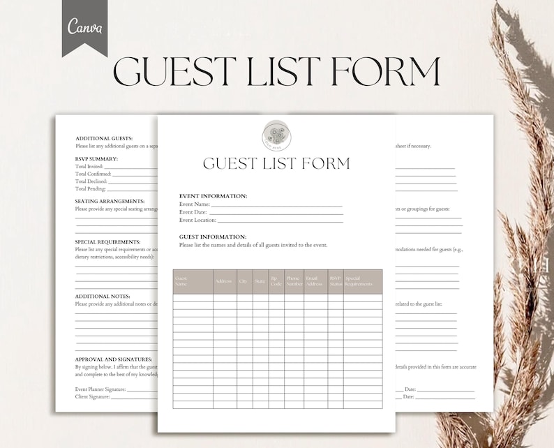 Guest List Form Template, Pdf, Canva - Etsy