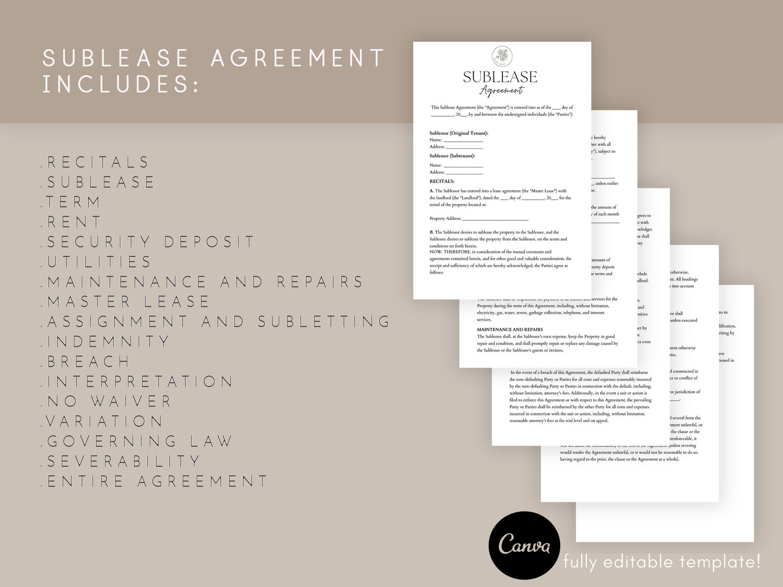 Editable Sublease Agreement, Customizable Sublease Template, Sublease ...