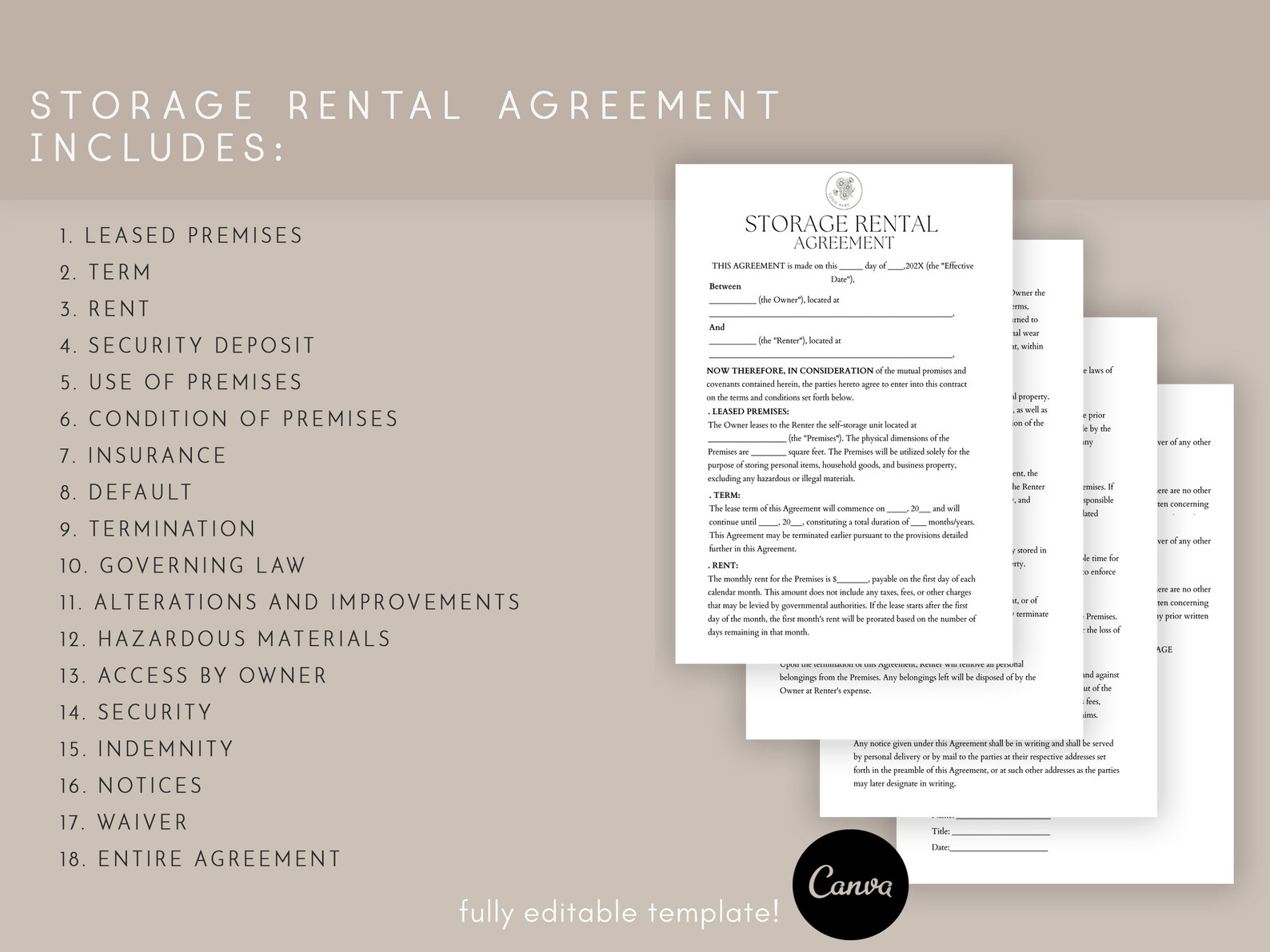Editable Storage Rental Agreement, Storage Space Lease Contract ...