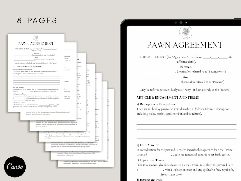 Editable Pawn Agreement, Collateral Loan Agreement, Pledge Agreement ...