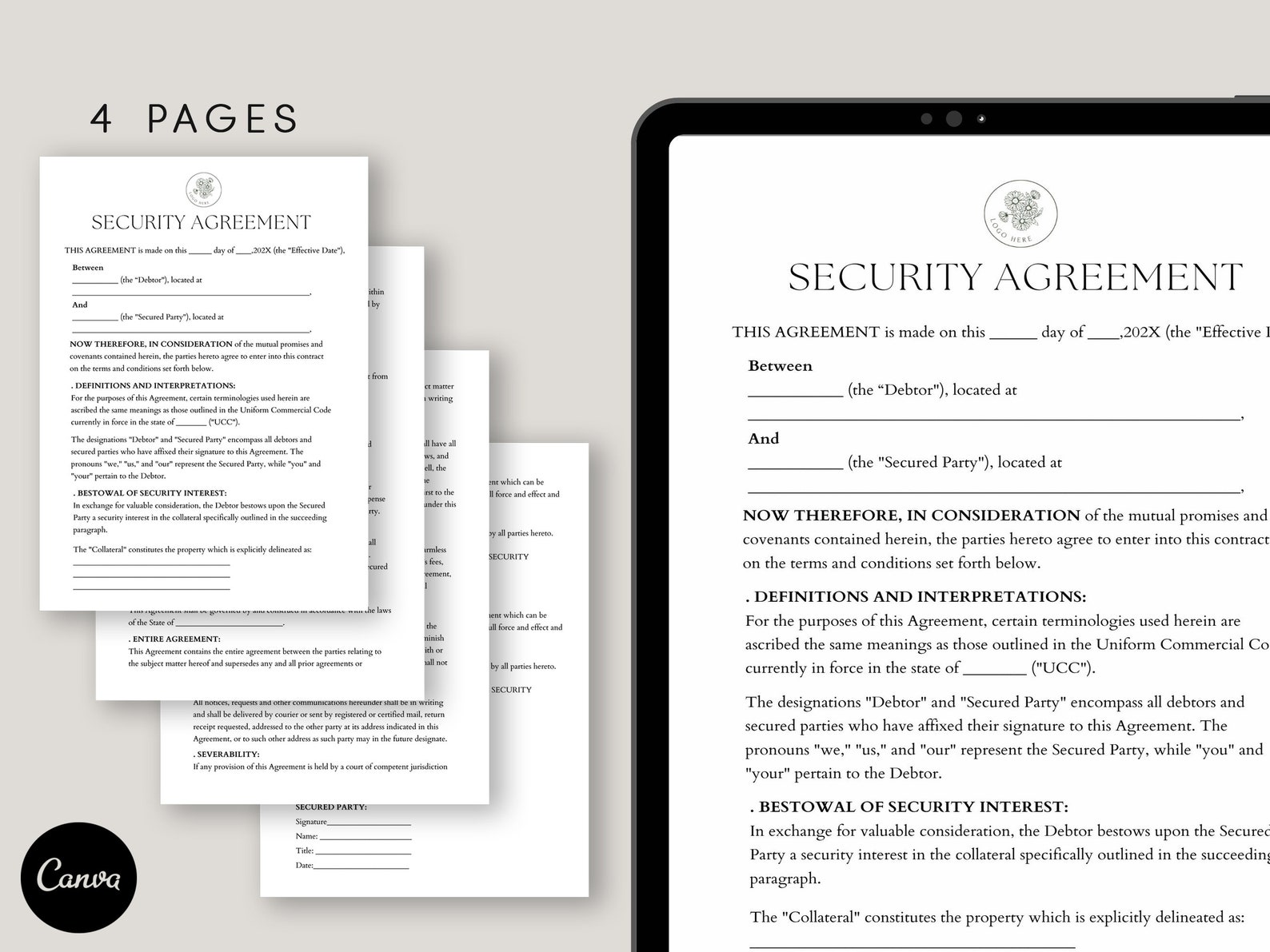 Editable Security Agreement, Security Contract, Financial Security Form ...
