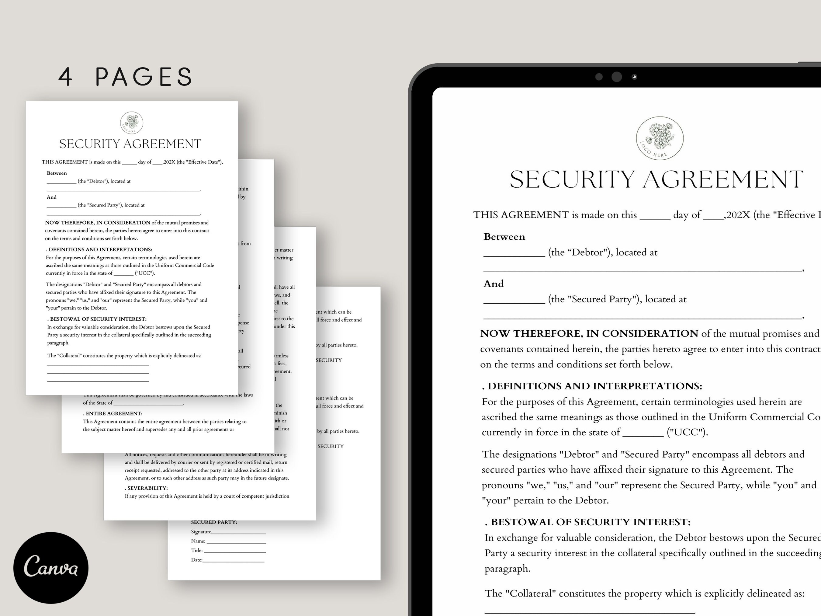 Editable Security Agreement, Security Contract, Financial Security Form ...