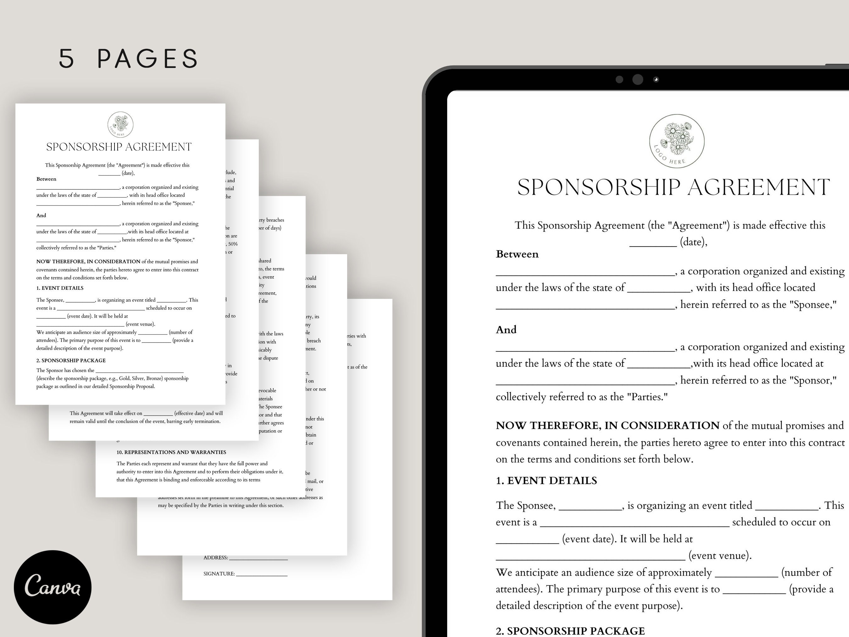 Sponsorship Contract Template, Event Sponsorship Agreement, Editable ...