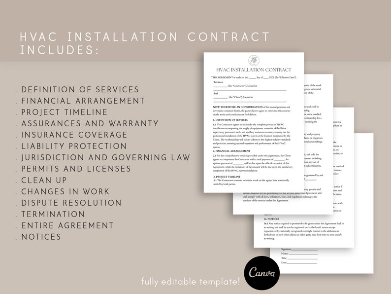 Editable HVAC Installation Contract, HVAC Service Agreement, HVAC ...