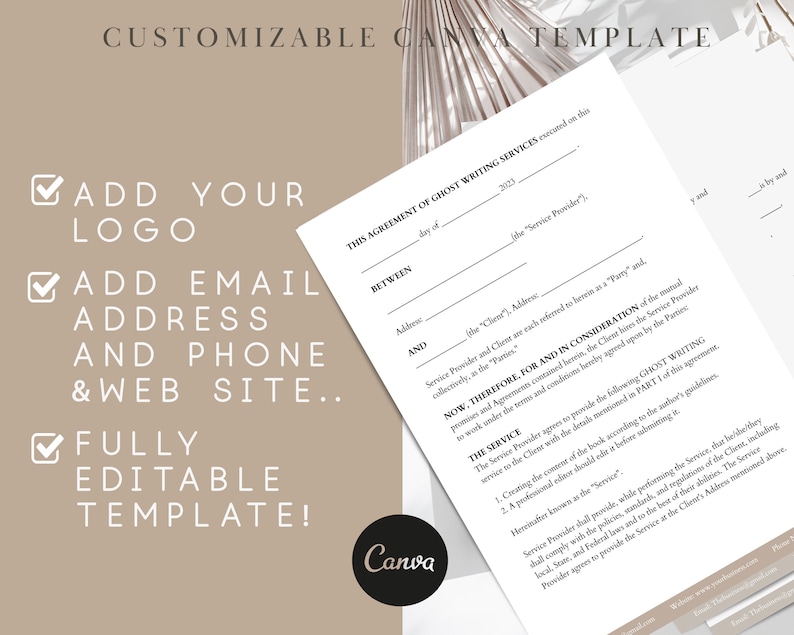 Ghost Writer Contract, Writer Contract Template, Editable Ghost Writer ...