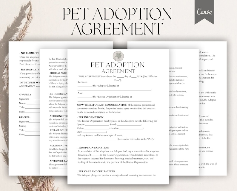 Editable Pet Adoption Agreement, Pet Adoption Terms, Puppy Adoption Template, Cat Adoption Form ...
