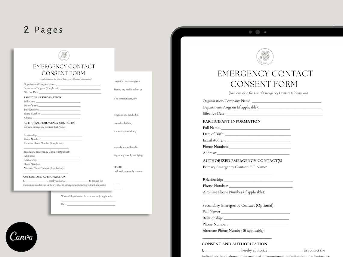 Emergency Contact Consent Form Template, PDF, Canva - Etsy