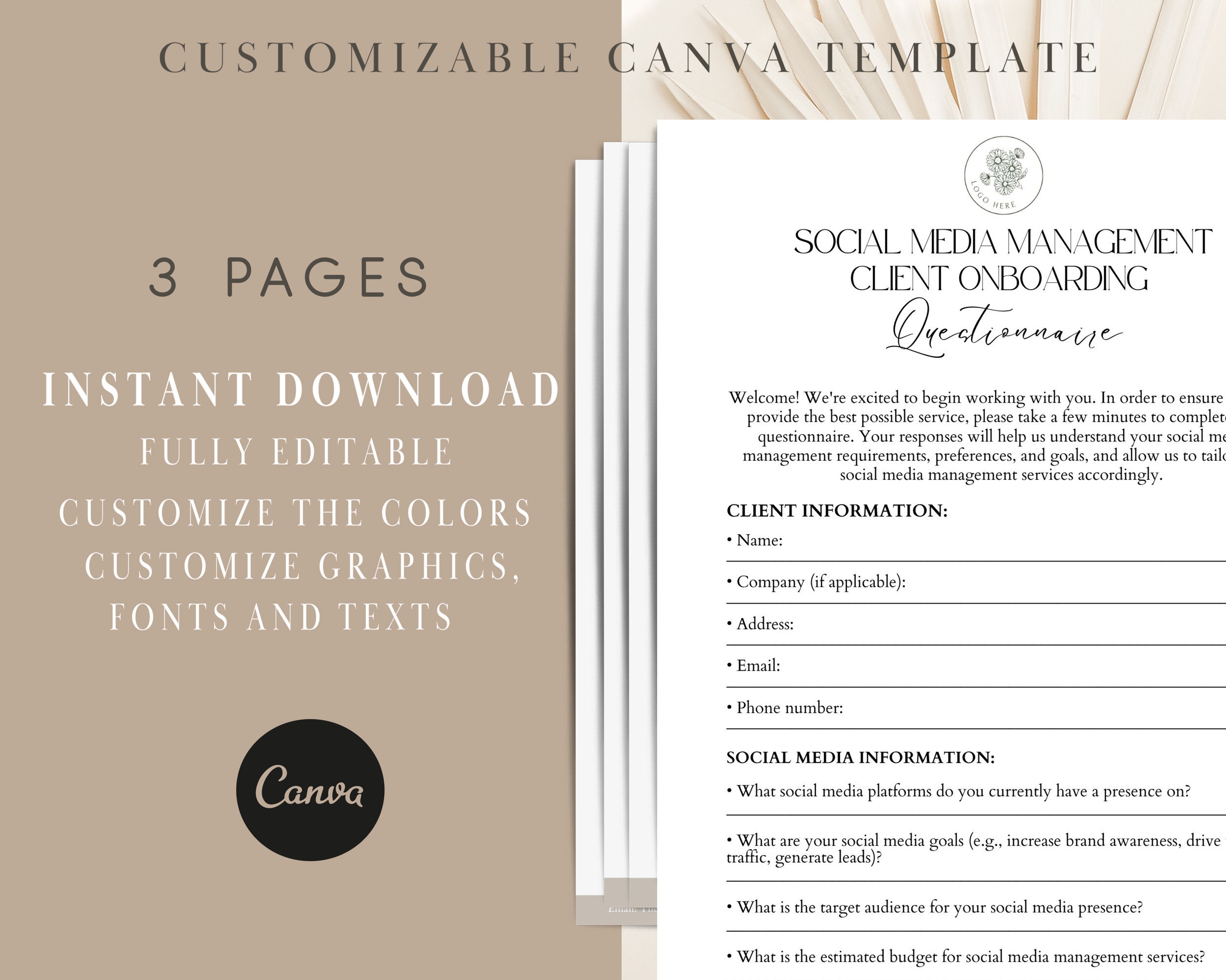 Social Media Management Client Onboarding Questionnaire Form, Editable ...