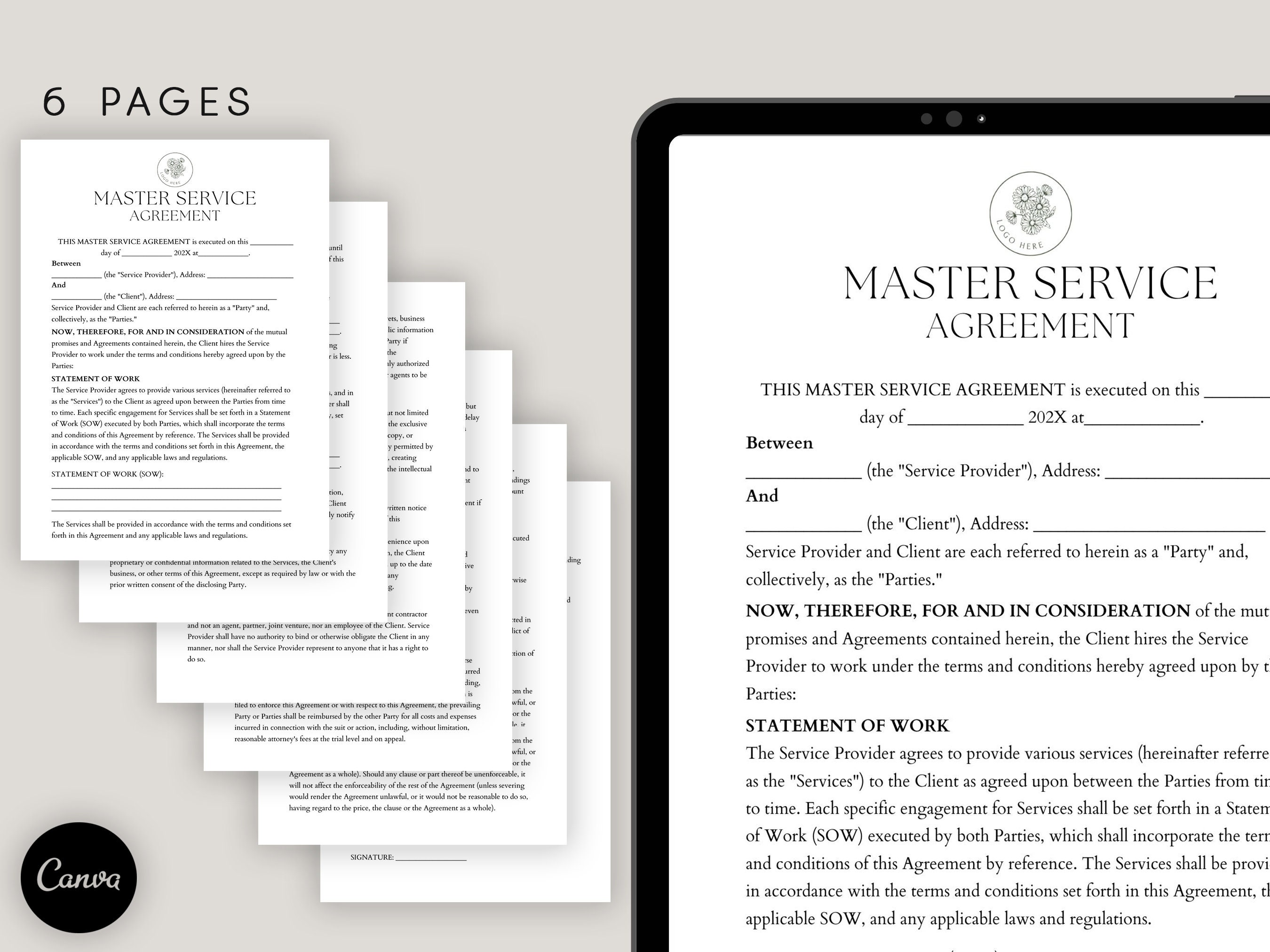 Editable Master Service Agreement, MSA Form, Business Services Contract ...