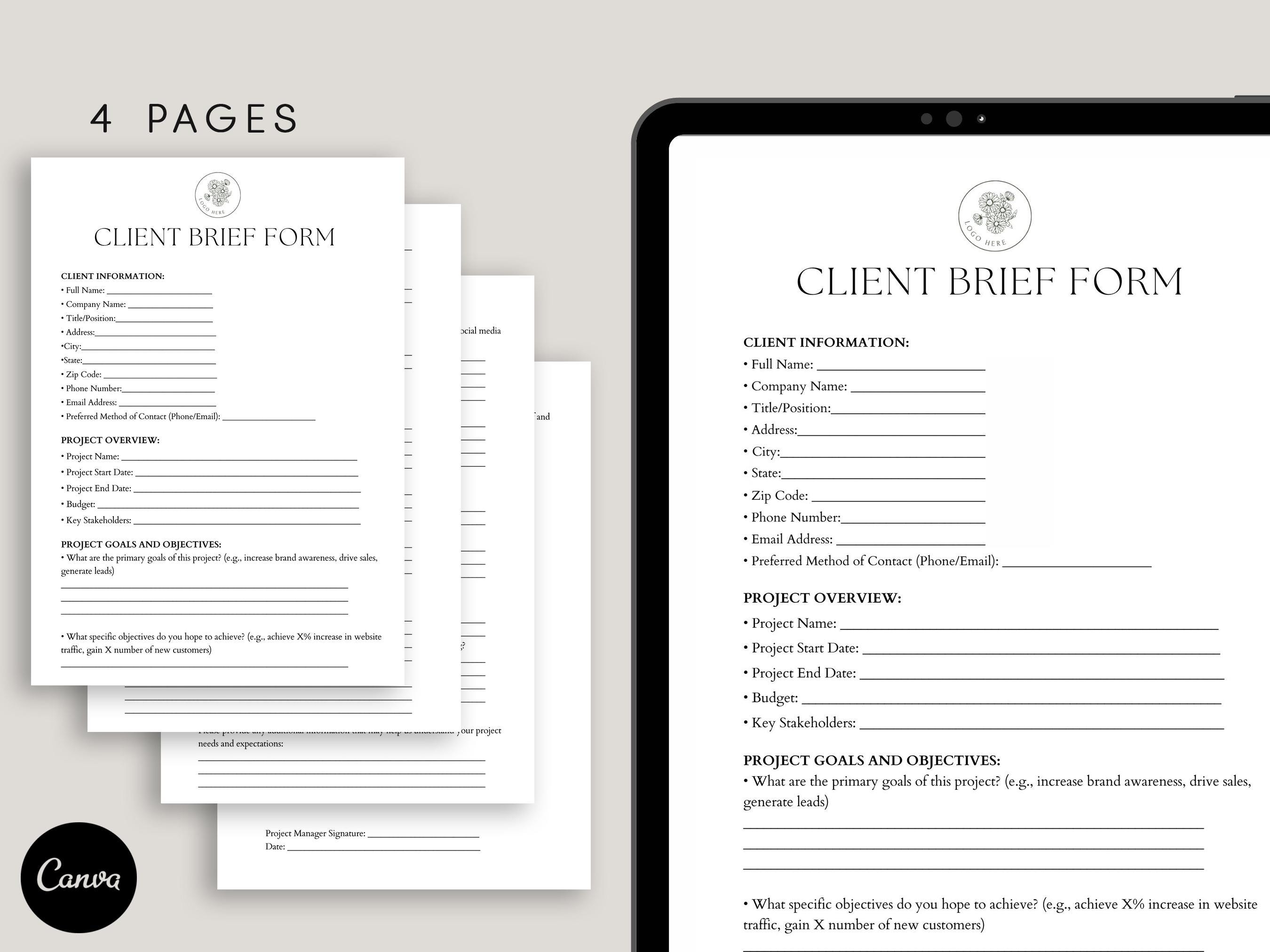 Client Brief Form Template ,pdf , Canva - Etsy
