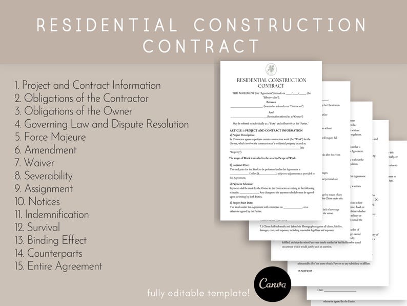 Residential Construction Contract Template, Pdf, Canva - Etsy