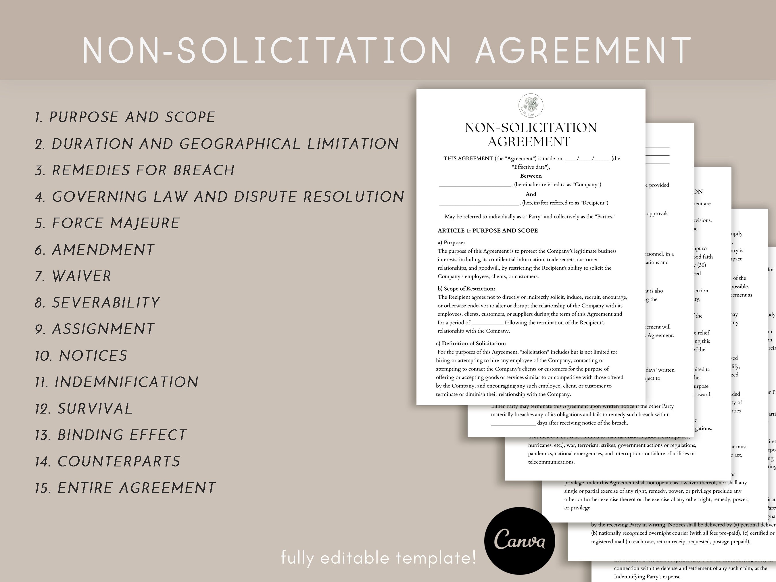 Non-solicitation Agreement Template, Pdf, Canva - Etsy